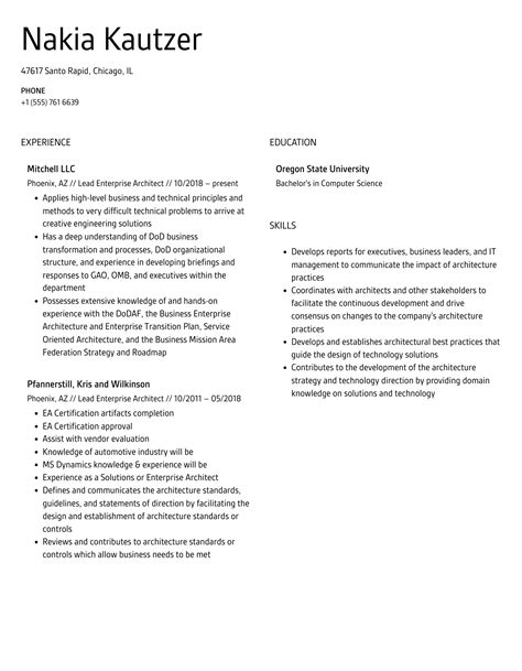 Lead Enterprise Architect Resume Samples Velvet Jobs