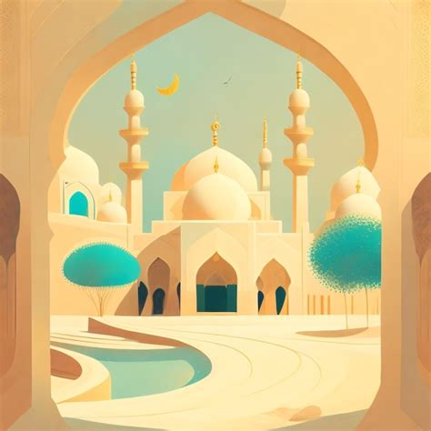 Dibujo de una mezquita con un cielo azul y árboles al fondo Foto Premium