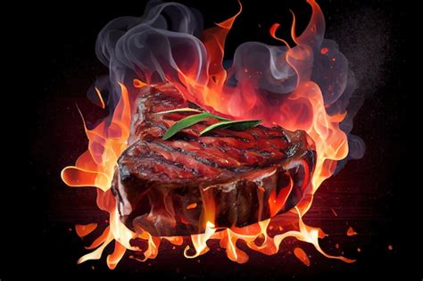 Premium Ai Image Beef Steak Cooking Over Flaming Grill Generative Ai