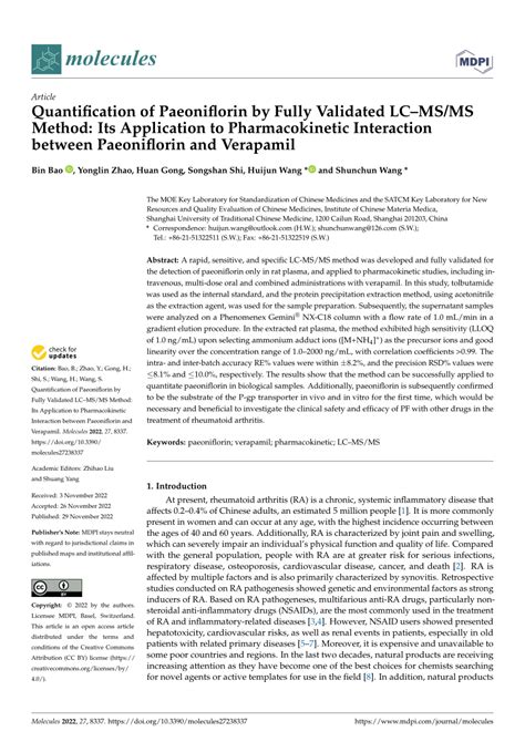 Pdf Quantification Of Paeoniflorin By Fully Validated Lcmsms Method
