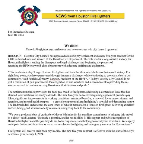 City Of Houston Approves Firefighter Settlement