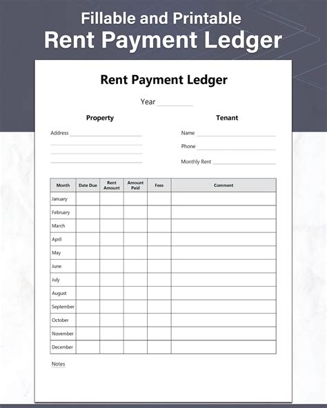 Rent Payment Ledger Tenant Payment Log Fillable And Printable Payment