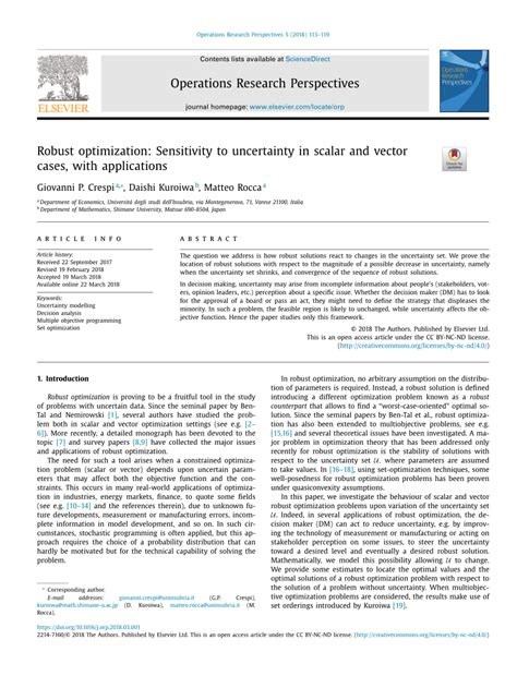 PDF Robust Optimization Sensitivity To Uncertainty In Scalar And Vector Cases With Applications