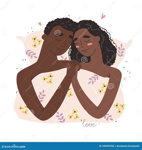 Lovers Man And Black African American Woman Hug Lying In Bed Happy