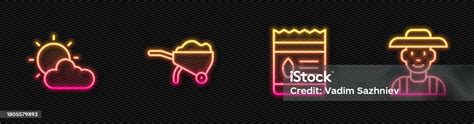 식물의 씨앗으로 가득 찬 세트 라인 팩 태양과 구름 날씨 흙이 있는 수레 모자를 쓴 농부 빛나는 네온 아이콘입니다 벡터 건설