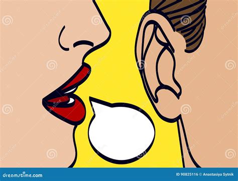 Woman Lips Whispering In Mans Ear Drawing Vector Illustration Stock