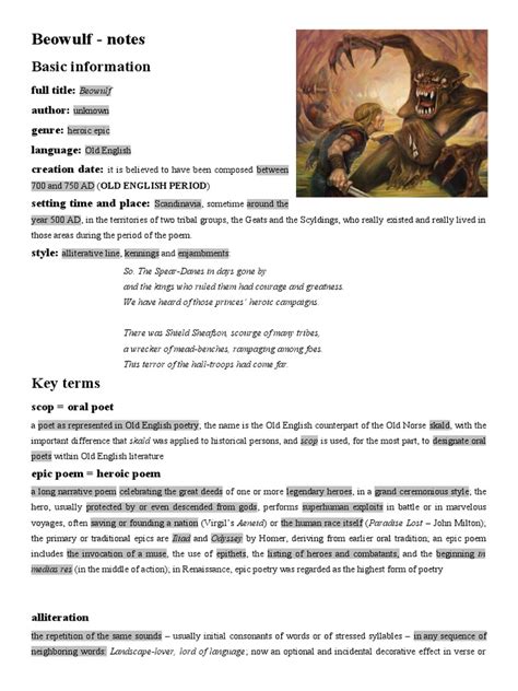 Beowulf Notes Basic Information Pdf Beowulf Epic Poetry
