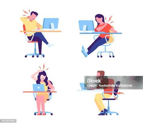 컴퓨터에서 장기간 작업하는 동안 부적절한 인체 공학으로 인한 목과 허리 통증 테이블에 앉아 있는 사무실 남성과 여성 사람들은
