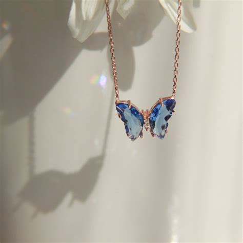 Silver Rose Gold Blue Butterfly Necklace Blue Glass Butterfly Necklace