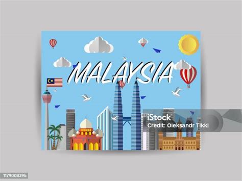 플래그 공예 벡터 일러스트와 말레이시아 쿠알라 룸푸르 국가 도시 스카이 라인입니다 다채로운 예술 여행 장소 도시 경관 풍경 아름다운 관광 배경 카드 포스터 아시아 건축 문화