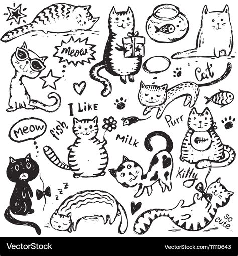 Set Of Hand Draw Funny Cats In Sketch Style Vector Image