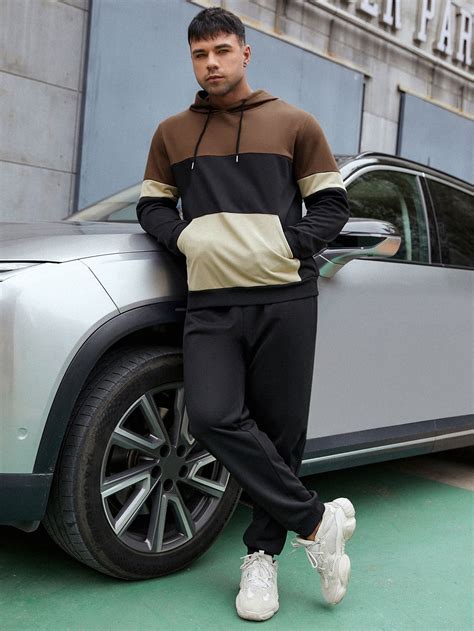 Extended Sizes Men Colorblock Kangaroo Pocket Drawstring Hoodie