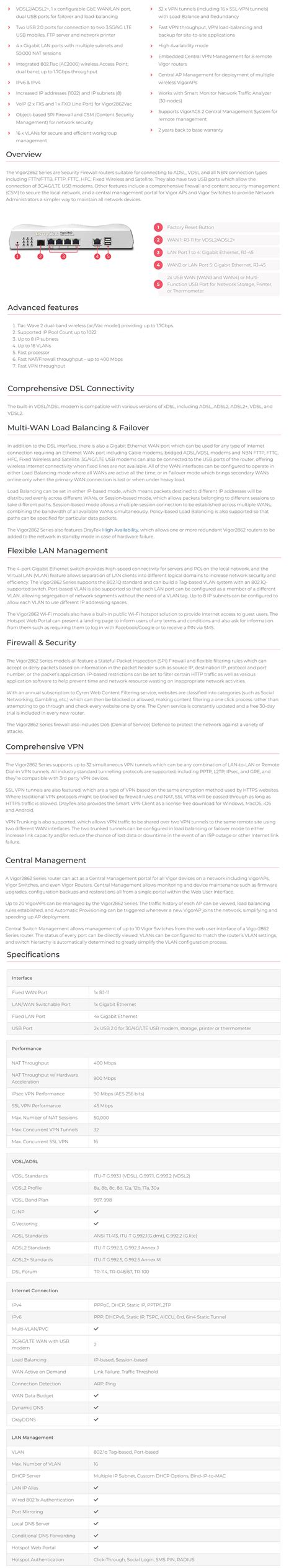 Draytek Vigor 2862 Multi Wan Vdsl2 Adsl2 Firewall Qos Ipv6 Modem Router