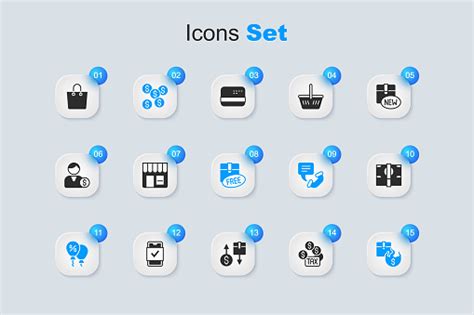 세금 납부 시장 상점 달러 기호 할인 퍼센트 태그 핫 프라이스 스택 지폐 현금 종이 쇼핑백 및 무료 아이콘이 있는 골판지 상자를 설정합니다 벡터 0명에 대한 스톡 벡터 아트