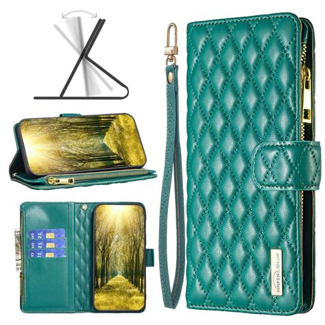 For Oppo A15 Diamond Lattice Zipper Wallet Leather Flip Phone Case Green
