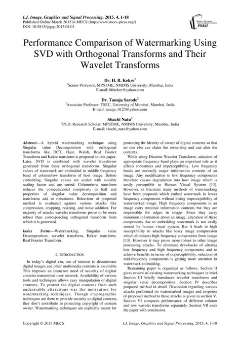 Performance Comparison Of Watermarking Using Svd With Orthogonal Transforms And Their Wavelet