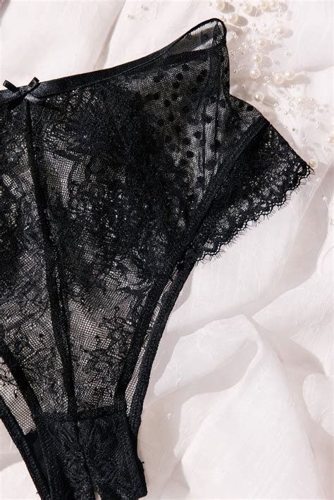 Lacy High Waist Crotchless Panty Black Mentionables