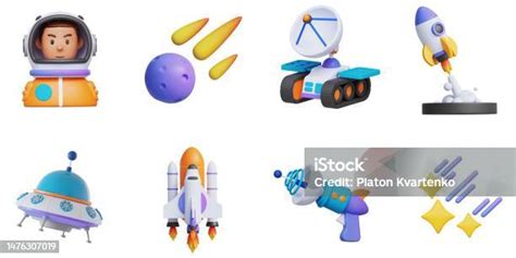 3d 공간 아이콘 설정 외계인 총 Ufo 로켓 발사 떨어지는 혜성 우주 비행사 달 로버 우주 궤도 천문학 위성 우주 우주 관측 Ux Ui 아이콘 웹 디자인 요소 3d 렌더링