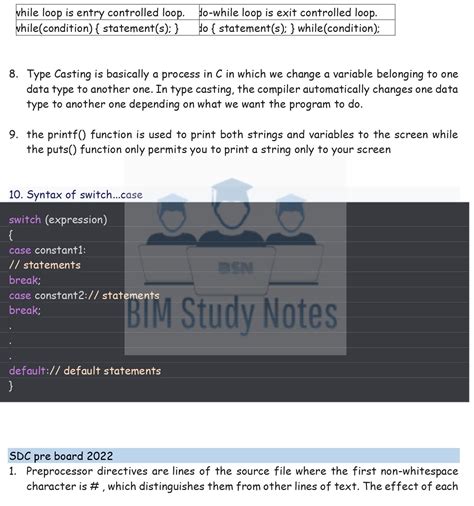 C Programming 1st Sem Pre Board 2022 Bim Stduy Notes