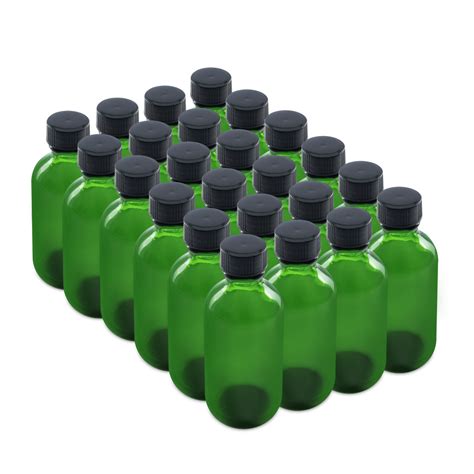 2 Oz Green Glass Boston Round Bottles With Black Lids