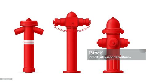 사실적인 적색 소화전세트 벡터 일러스트레이션 수집 활성 화염 보호 장치 소화전에 대한 스톡 벡터 아트 및 기타 이미지 소화전 3차원 형태 개체 그룹 Istock