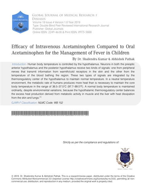 Pdf Efficacy Of Intravenous Acetaminophen Compared To Oral Acetaminophen For The Management Of