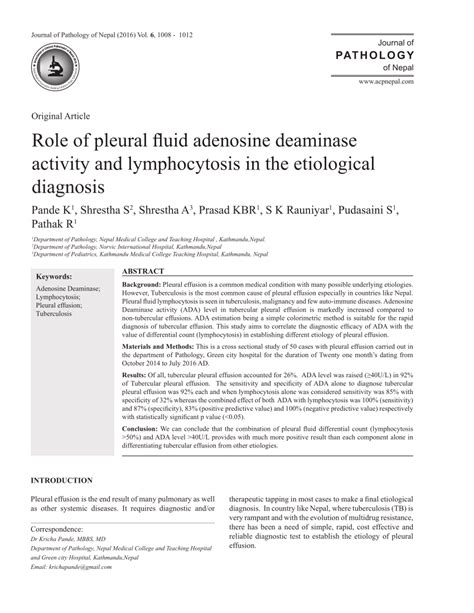 Pdf Role Of Pleural Fluid Adenosine Deaminase Activity And