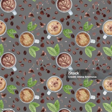 수채화 손으로 커피 컵 콩 나뭇잎 얼룩 및 물보라로 매끄러운 패턴을 그렸습니다 어두운 배경에 격리 초대장 카페 레스토랑 음식 메뉴 인쇄 웹 사이트 카드 Robusta