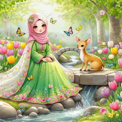 بک گراند کودکانه آهوی ناز و دختر ناز با حجاب با لباس سبز گلدارروی پل سنگی در باغ لاله ها کد
