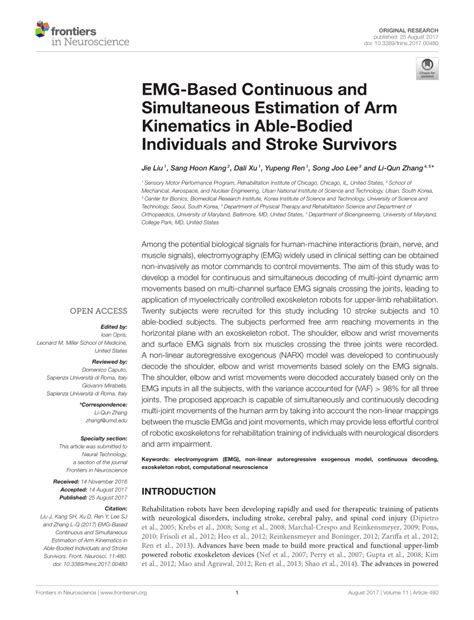 Pdf Emg Based Continuous And Simultaneous Estimation Of Arm
