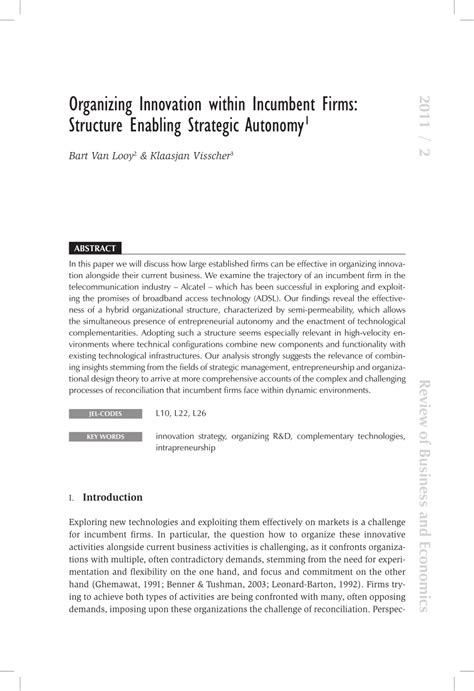 Pdf Organizing Innovation Within Incumbent Firms Structure Enabling Strategic Autonomy