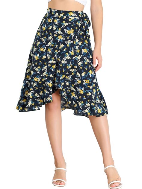 Allegra K Womens Ruffle Flare Tie Waist High Low Floral Wrap Skirt
