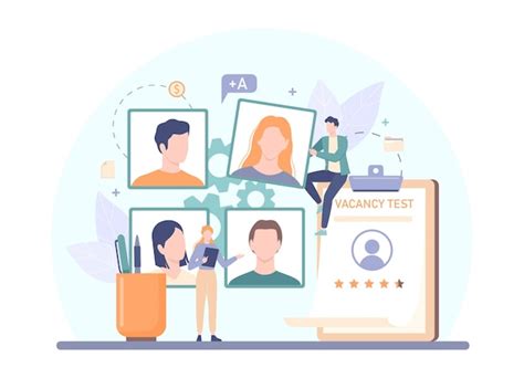 인적 자원 전문가 개념 채용 및 작업 관리 Hr 관리자가 구직자를 인터뷰하는 아이디어 평면 벡터 일러스트 레이 션 프리미엄 벡터