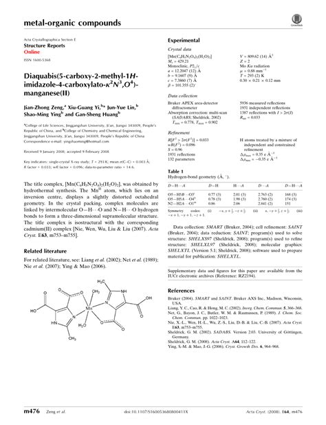 PDF Diaquabis carboxy methyl H imidazole carboxylato κ N O manganese II