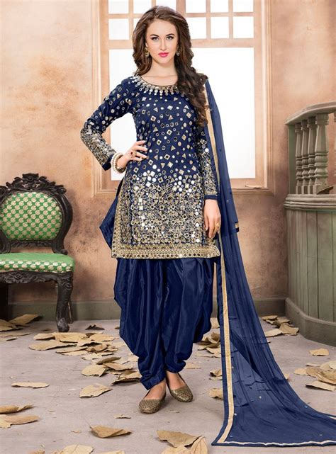 Navy Blue Taffeta Silk Punjabi Suit 116790 Blue Chiffon Dresses