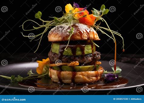 Creative Presentation Of Burger With Artistic Garnishing Stock