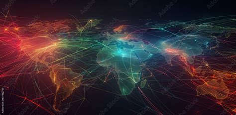 A Colorful World Map With Glowing Lines Connecting Different Parts Of The Earth Representing