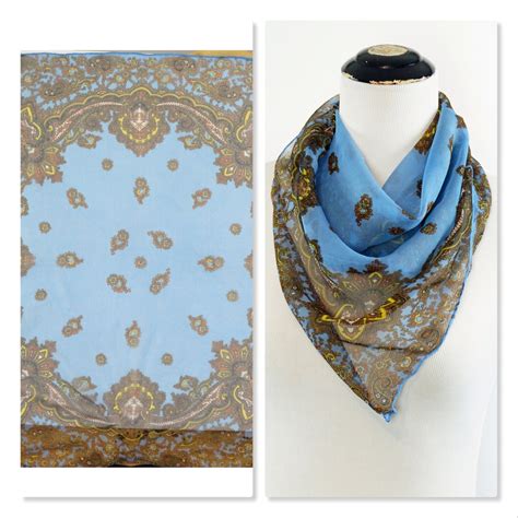 Vintage Scarf 60s Semi Sheer Square Blue Head Scarf 22 X 22