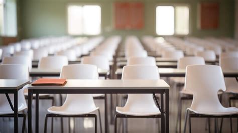 Premium Photo Classroom With White Rows Of Empty Chairs And Tables