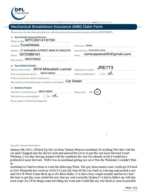 Dpl Mbi Claim Form Pdf Car Vehicles