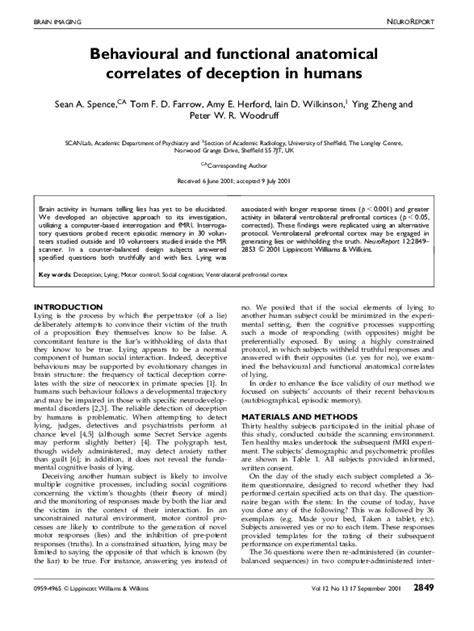 Pdf Behavioural And Functional Anatomical Correlates Of Deception In Humans