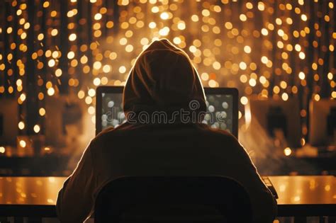 Hooded Hacker Typing On Laptop With Code Background Stock Illustration
