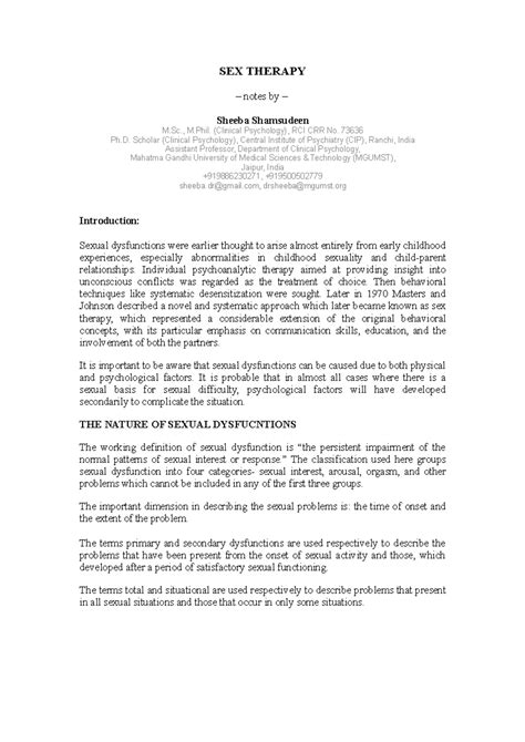 Sex Therapy Notes SEX THERAPY Notes By Sheeba Shamsudeen M M Clinical Psychology RCI