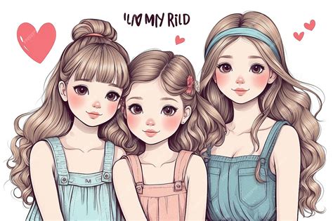 Three Hand Drawn Beautiful Cute Girls On The Background With The