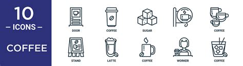 커피 개요 아이콘 세트에는 얇은 선 문 설탕 커피 라떼 작업자 커피 보고서 프리젠 테이션 다이어그램 웹 디자인 스탠드 아이콘이 포함됩니다 0명에 대한 스톡 벡터 아트 및