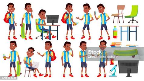 소년 소년 아이 포즈 설정된 벡터 고등학교 아이입니다 십 대 블랙입니다 아프리카 미국입니다 도 서 작업 영역 보드입니다 대 한 웹 브로셔 포스터 디자인 격리 된 만화