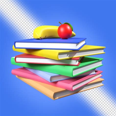 Livros estão um em cima do outro e uma maçã e uma banana estão sobre