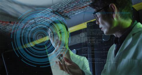 Image Of Data Over Diverse Male And Female It Engineers With Laptop By Computer Server Stock