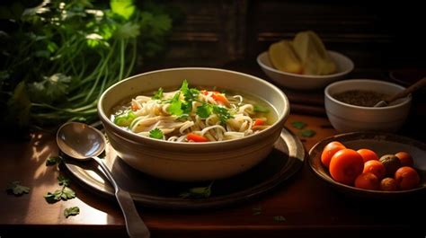 Premium Ai Image Bowl Of Hot And Comforting Chicken Noodle Soup
