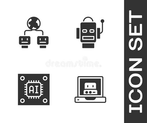 Set Creating Robot Artificial Intelligence Processor With Microcircuits Cpu And Robot Icon